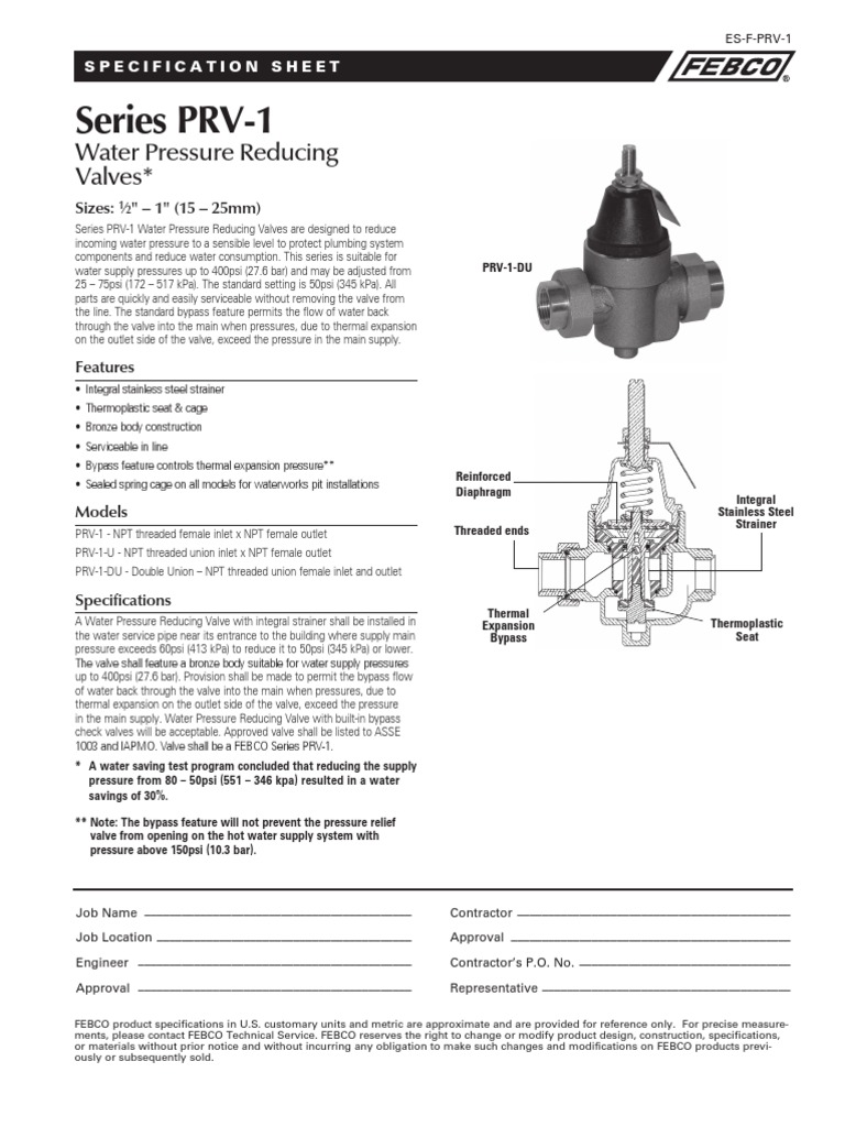 Series PRV-1 1/2" – 1" Specification Sheet | Valve | Pressure