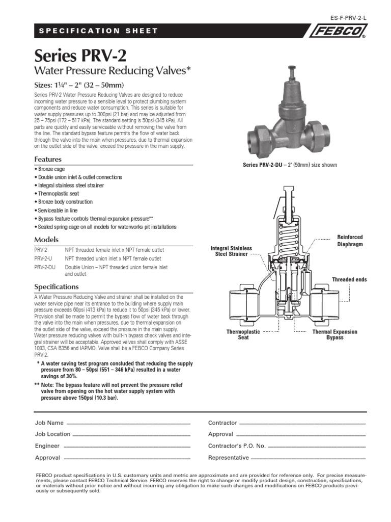 Series PRV-2 11/4" – 2" Specification Sheet | Valve | Hydraulics
