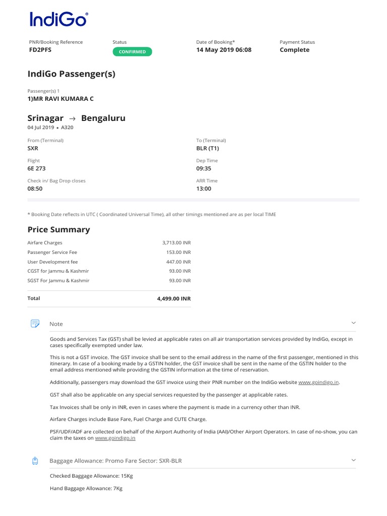 Indigo Passenger (S) : Srinagar Bengaluru | Download Free PDF | Value ...