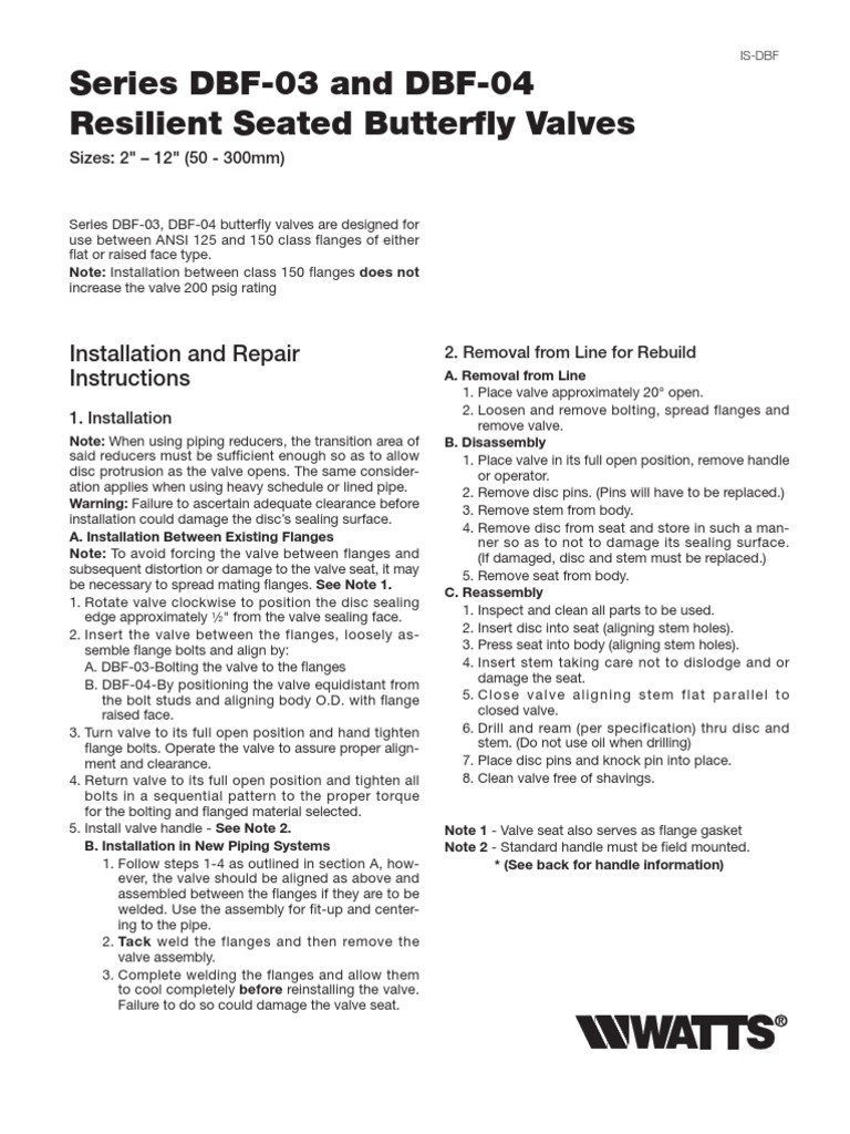 Series DBF-03 and DBF-04 Resilient Seated Butterfly Valves Installation Instructions | PDF ...