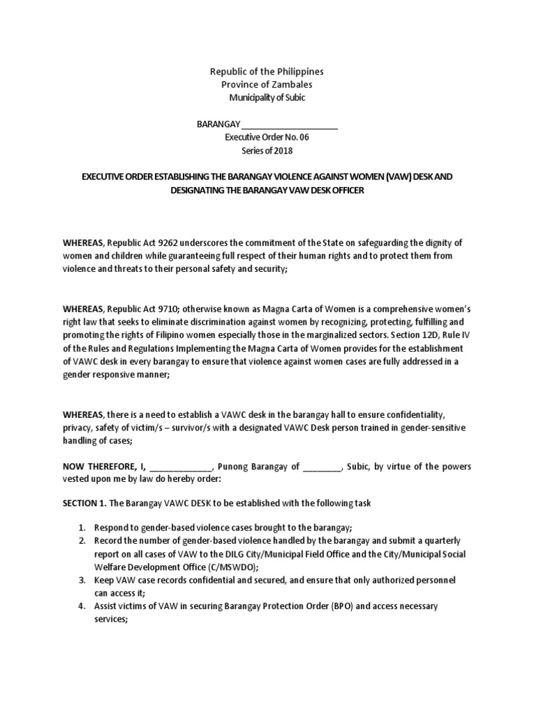 Executive Order Establishing The Barangay Violence Against Women (Vaw ...