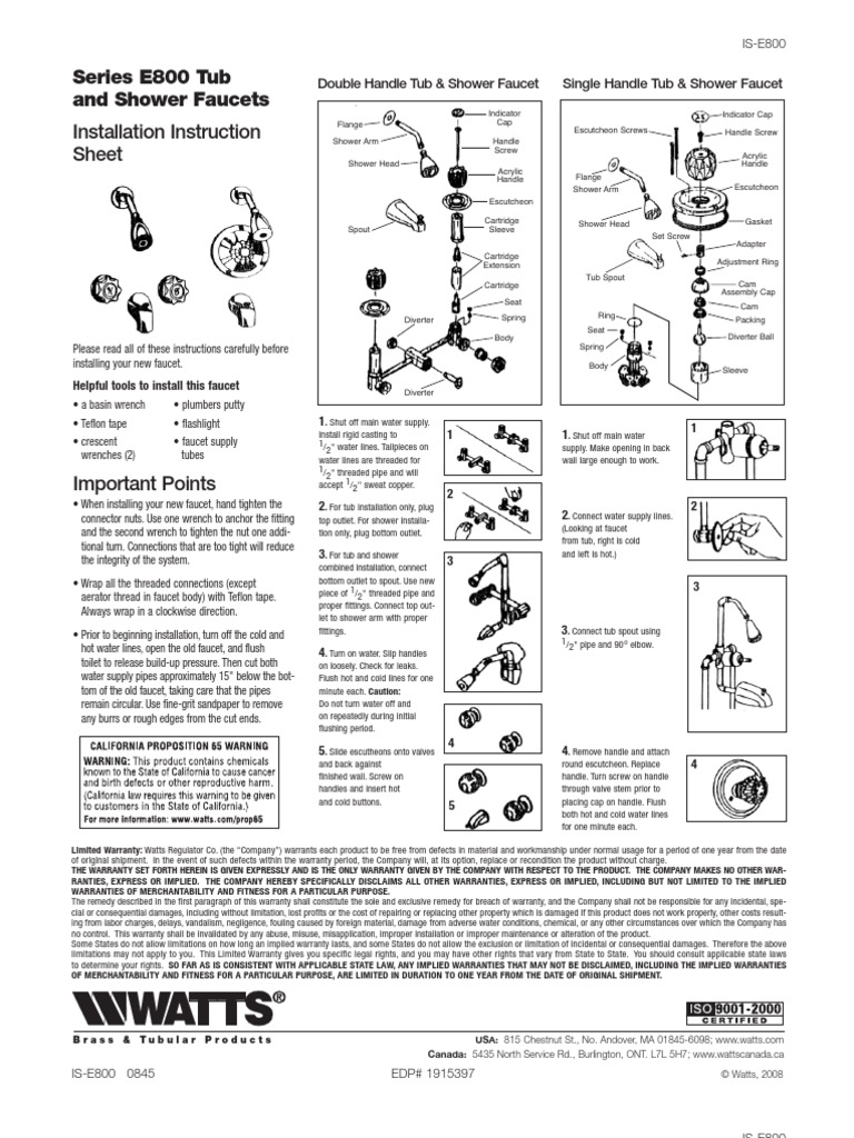 Series E800 Tub and Shower Faucets Installation Instructions | PDF ...