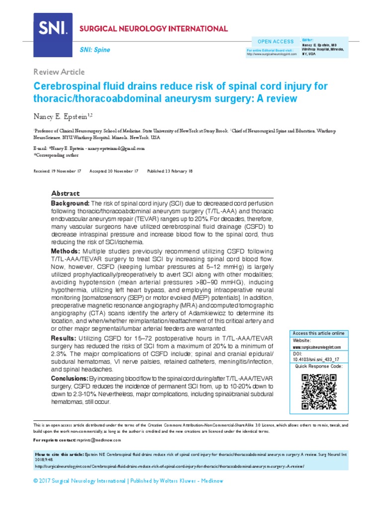 Cerebrospinal Fluid Drains Reduce Risk of Spinal Cord Injury For ...