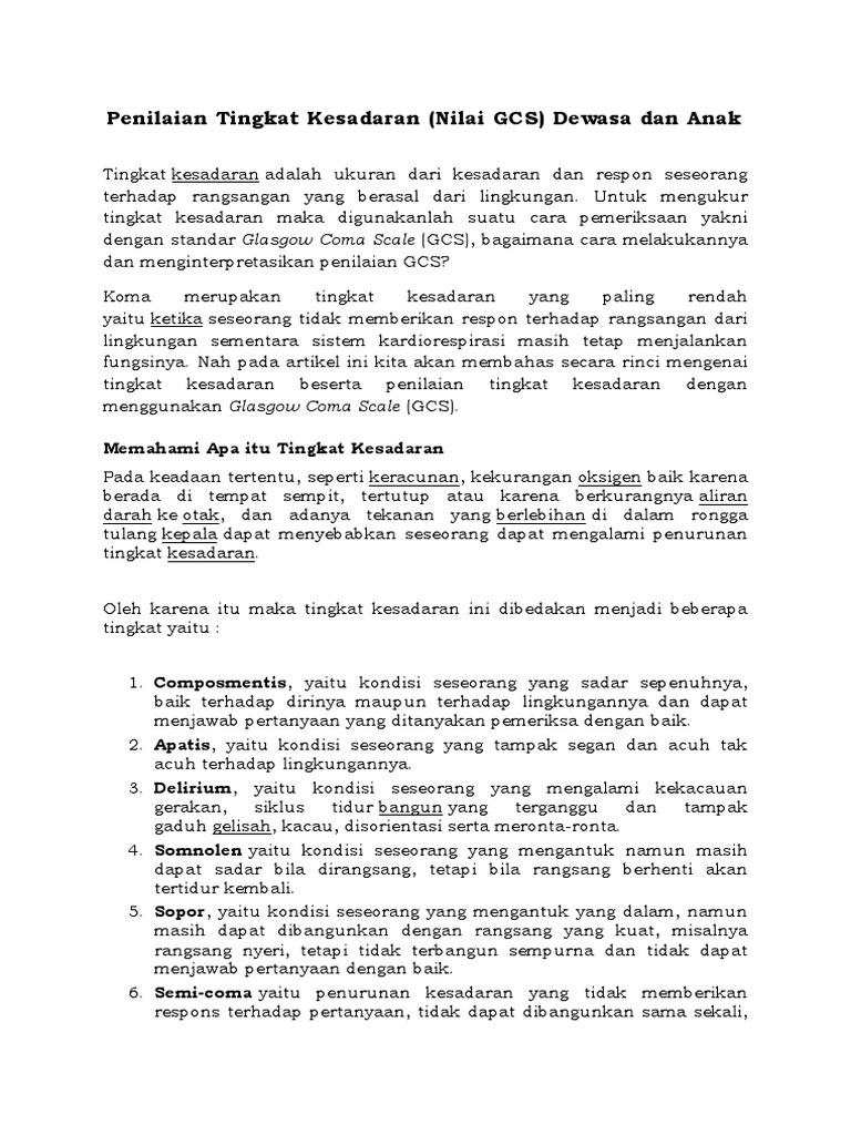 Penilaian Tingkat Kesadaran (Nilai GCS) Dewasa Dan Anak | PDF