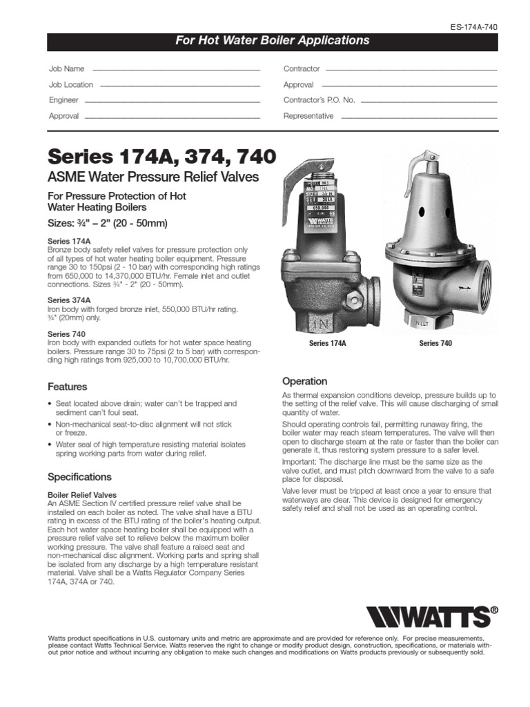 Series 174A, 374, 740 Specification Sheet | PDF | Boiler | Water Heating