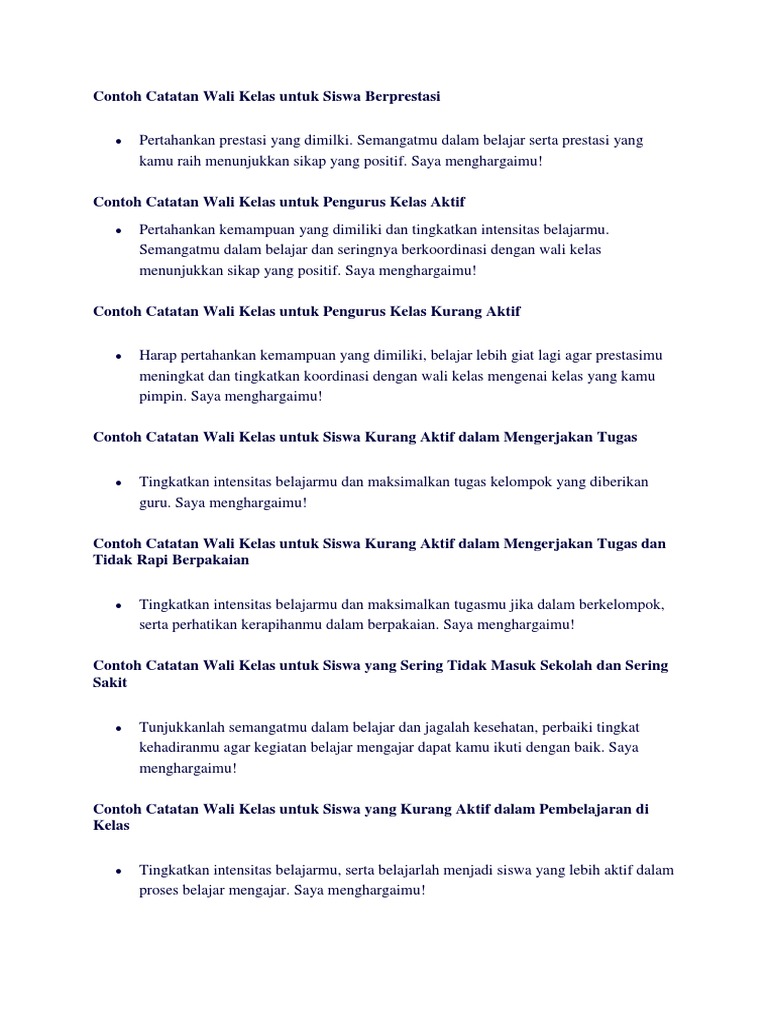 Contoh Catatan Wali Kelas Untuk Siswa Berprestasi | PDF