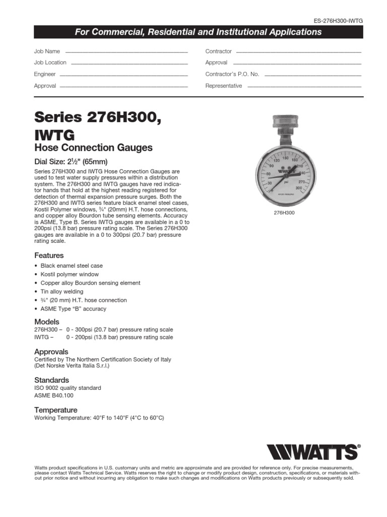 Series 276H300, IWTG Specification Sheet | PDF | Pressure Measurement ...