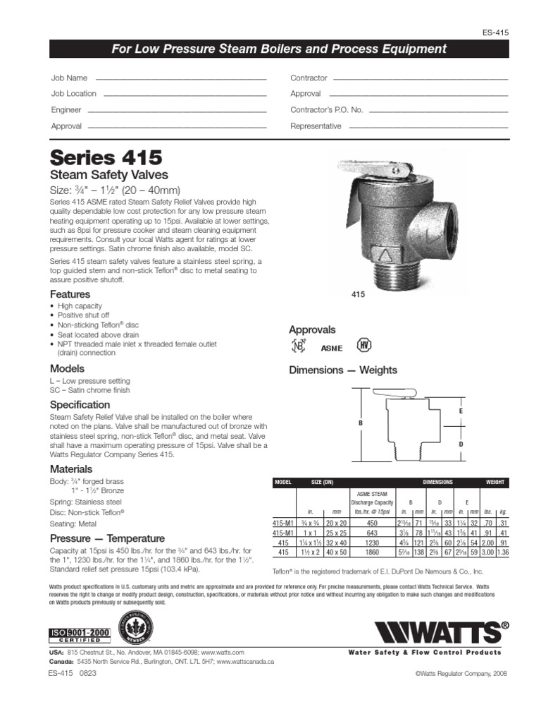 Series 415 Specification Sheet | PDF | Valve | Steam