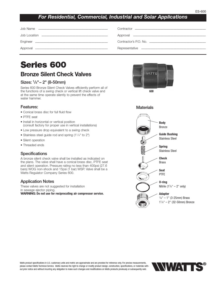 Series 600 Specification Sheet | PDF | Valve | Bronze