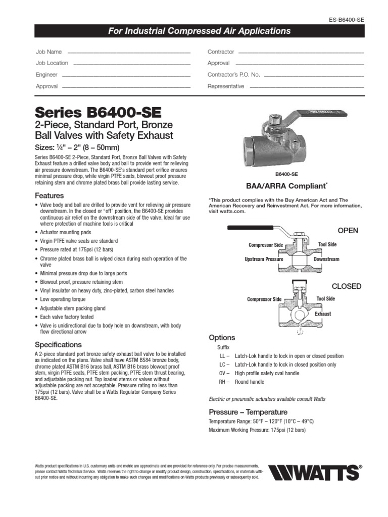 Series B6400-SE Specification Sheet | PDF | Valve | Mechanical Engineering