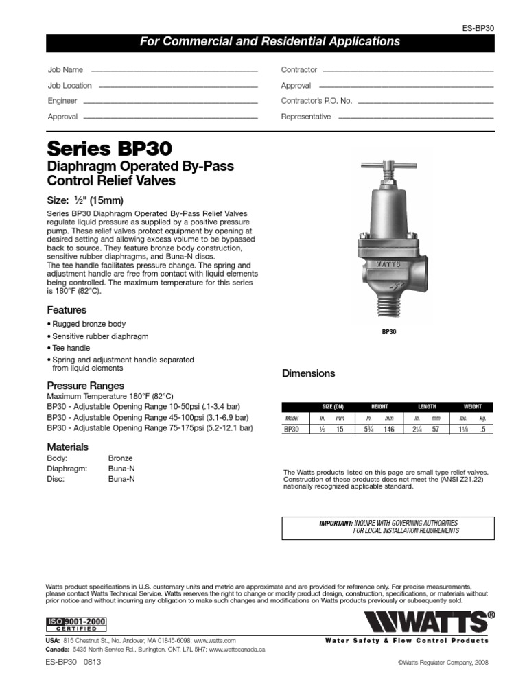 Series BP30 Specification Sheet | Valve | Pressure | Free 30-day Trial ...