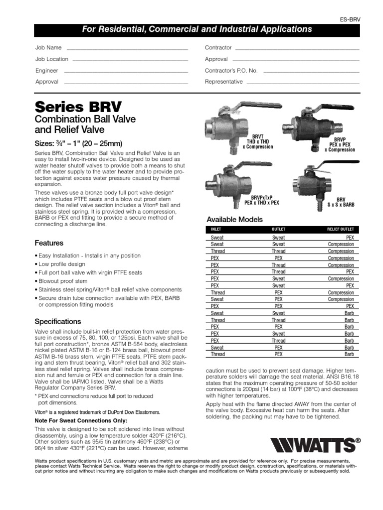 Series BRV Specification Sheet | PDF | Valve | Water Heating