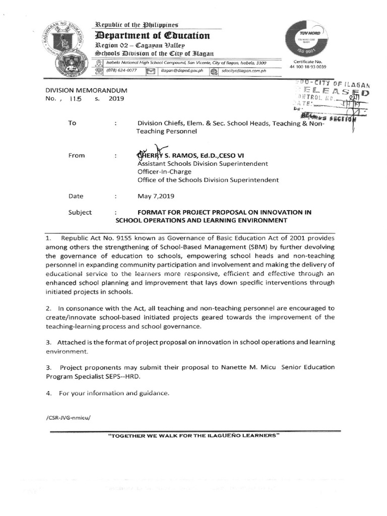Division Memo No. 115 s2019 - Format For Project Proposal On Innovation ...