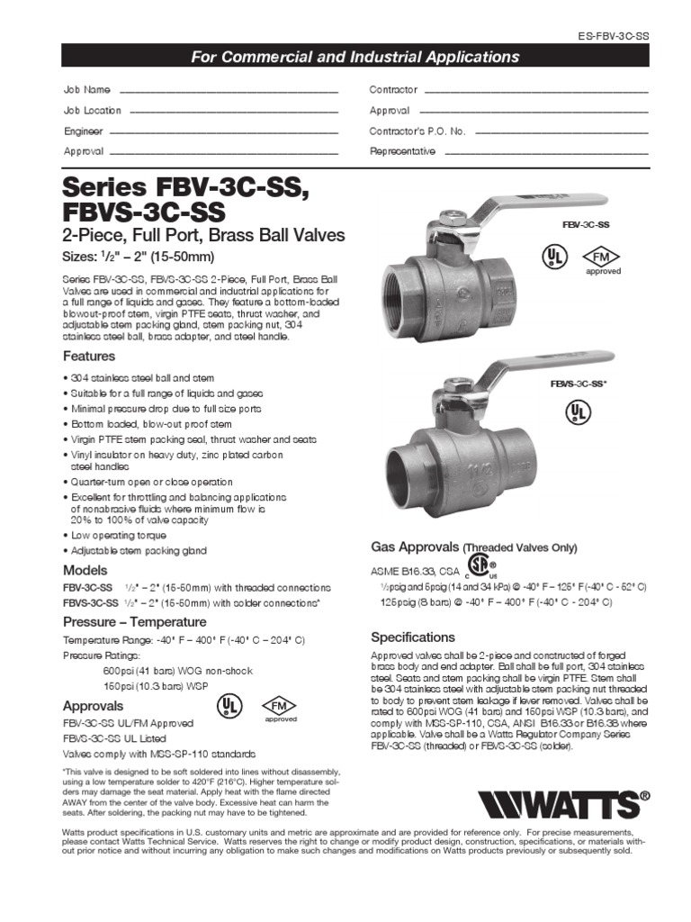 Series FBV-3C-SS, FBVS-3C-SS Specification Sheet | Valve | Building ...