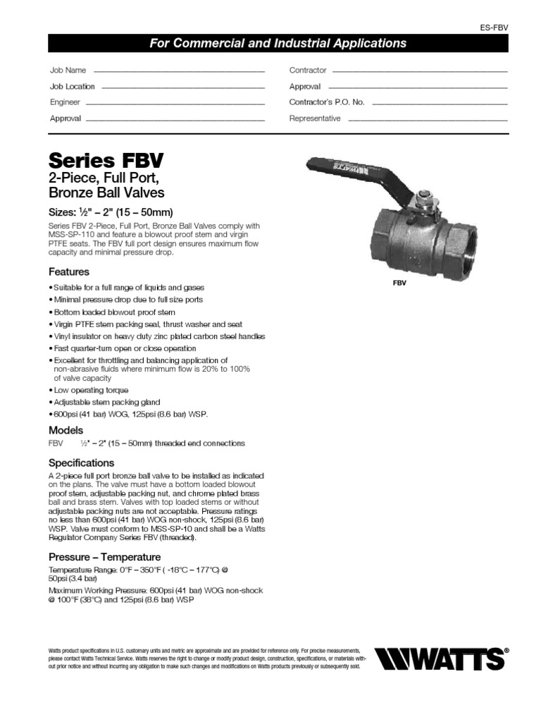 Series FBV Specification Sheet | PDF | Valve | Mechanical Engineering