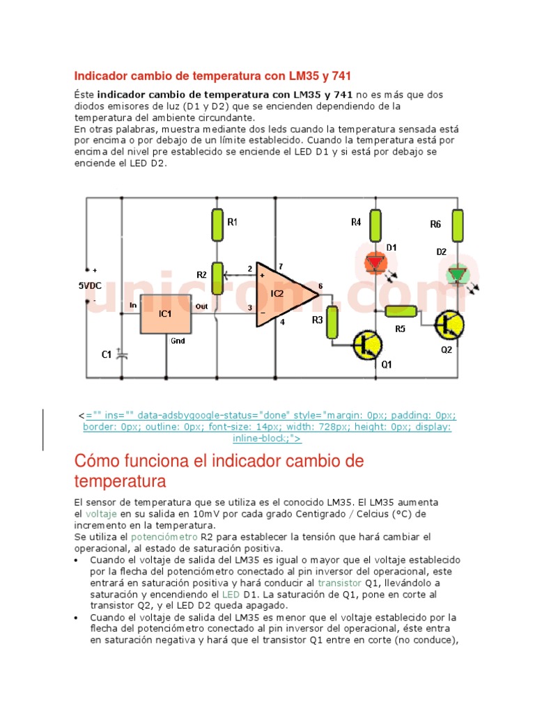Indicador Cambio de Temperatura Con LM35 y 741 | PDF | Amplificador ...