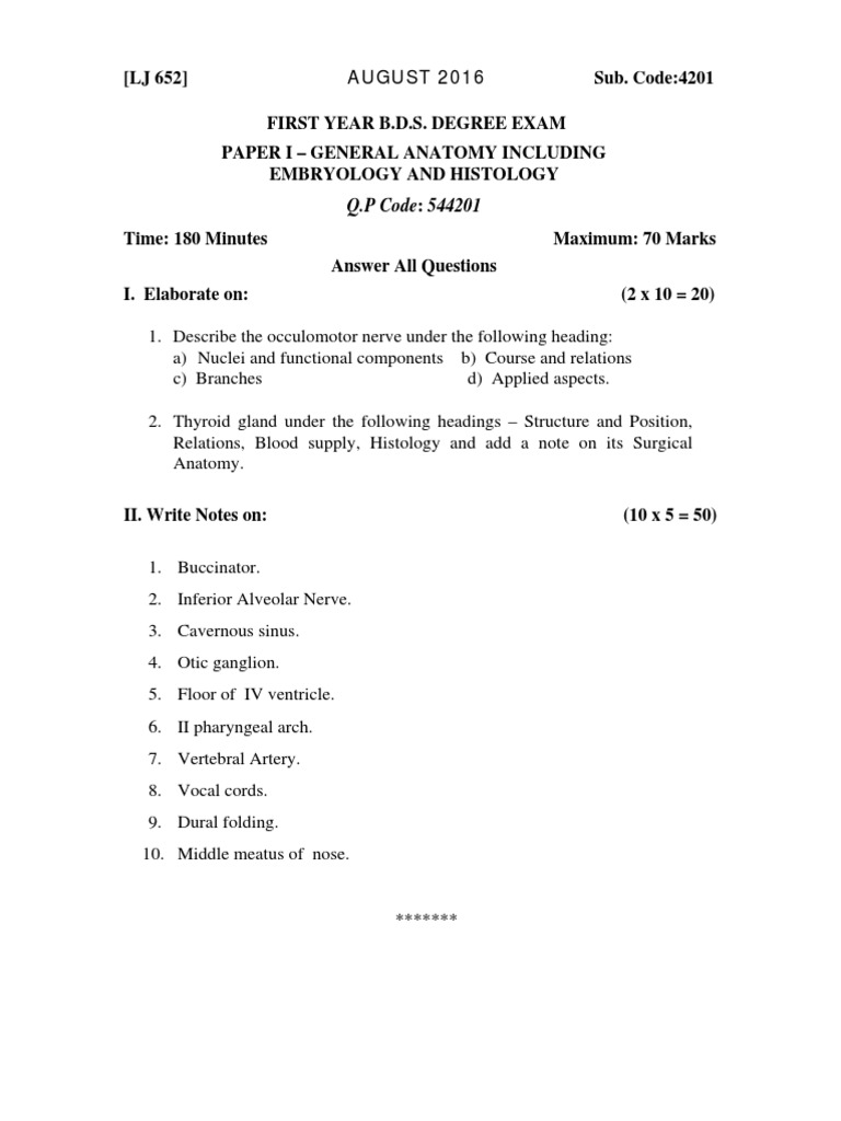 1st Year 2016 Paper-1 Anatomy+embriology+histology | PDF | Human Head ...