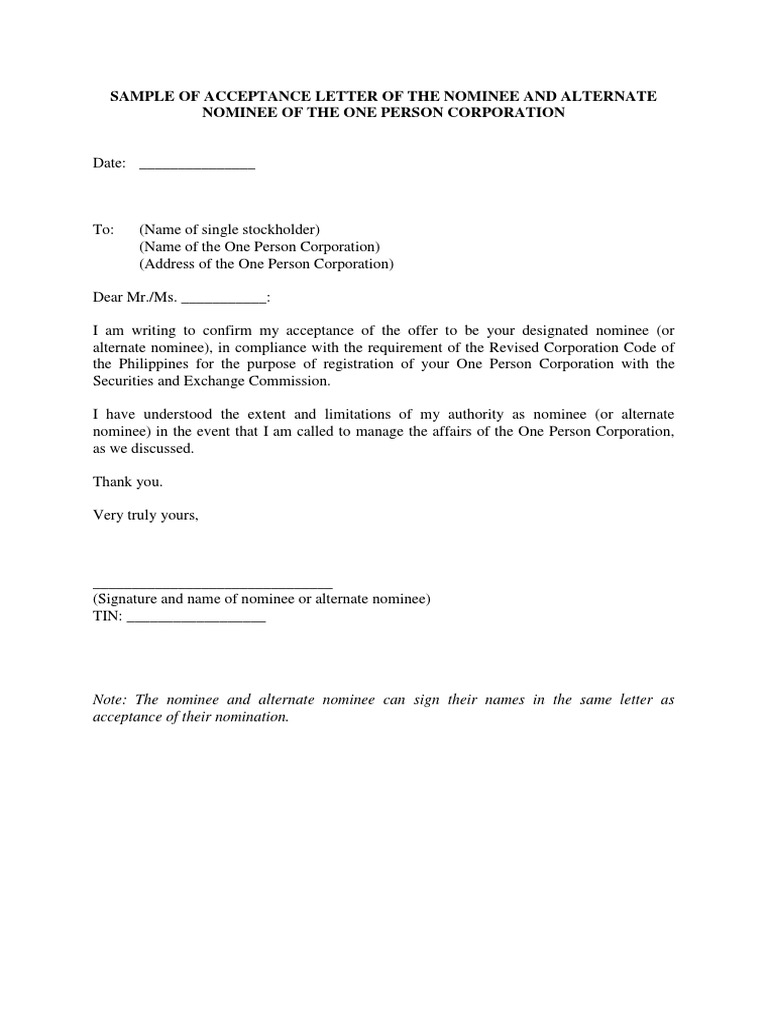 Sample of Acceptance Letter of The Nominee and Alternate Nominee of The ...