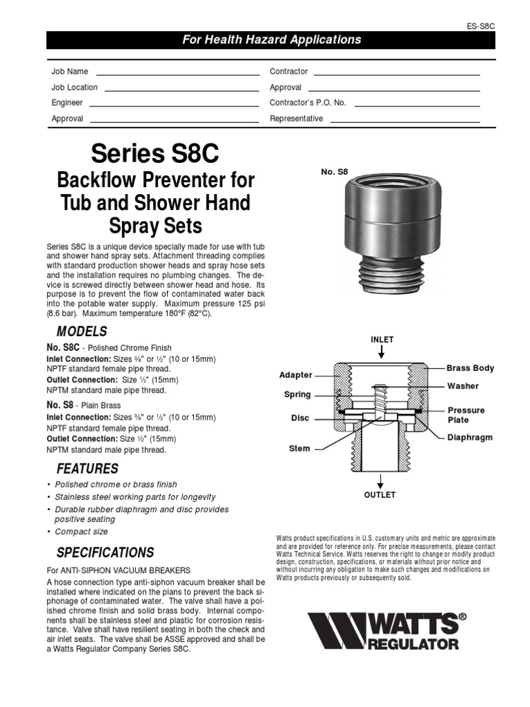 Series S8C Backflow Preventer For Tub and Shower Hand Spray Sets ...