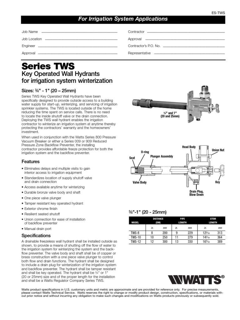 Series TWS Specification Sheet | PDF | Valve | Irrigation