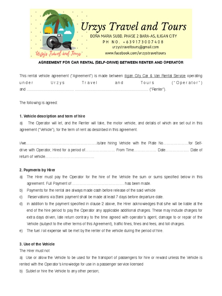 Self-Drive Car Rental Agreement Template | PDF | Insurance | Car