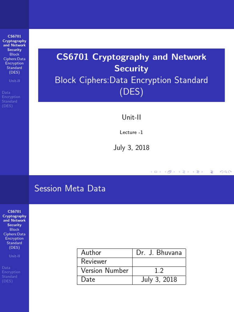 CS6701 Cryptography and Network Security Block Ciphers:Data Encryption Standard (DES) | Download ...
