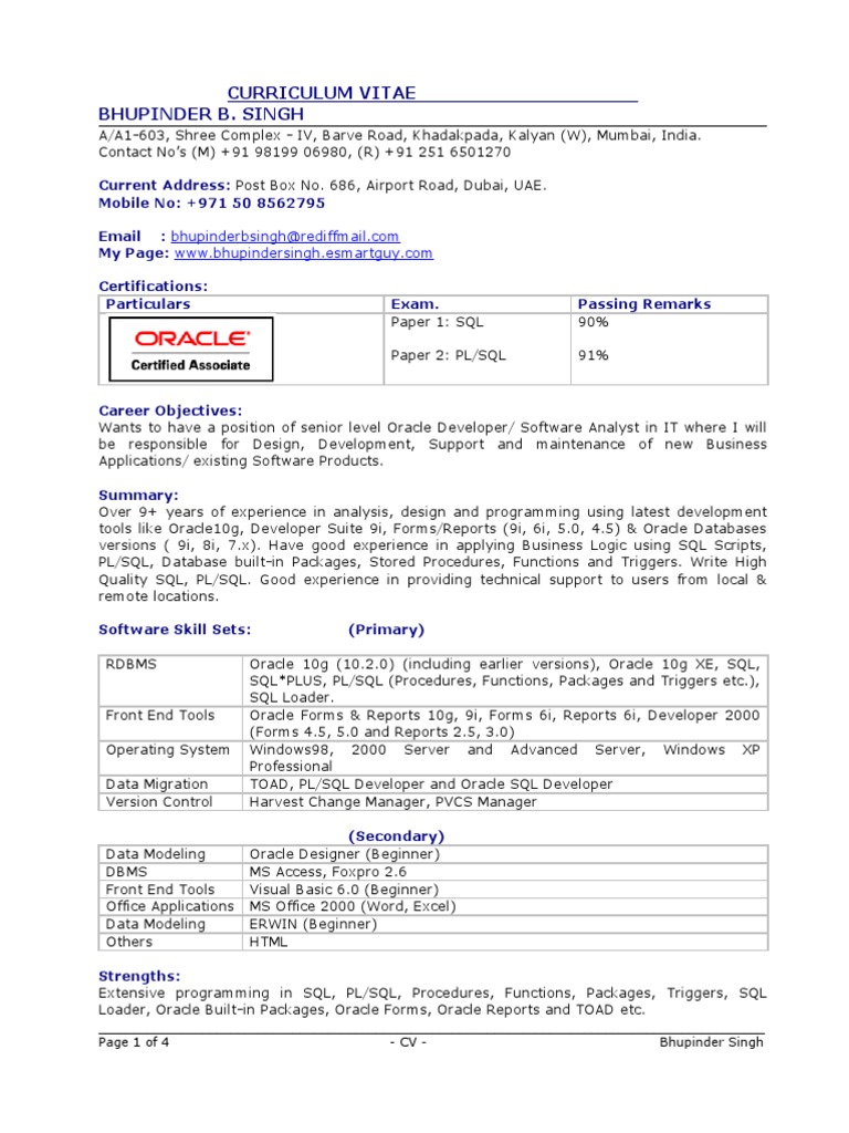 Bhupinder B. Singh: Oracle Developer CV | PDF | Oracle Database | Pl/Sql