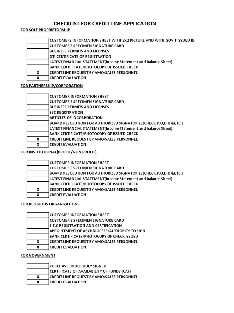 Checklist For Credit Line Application | PDF