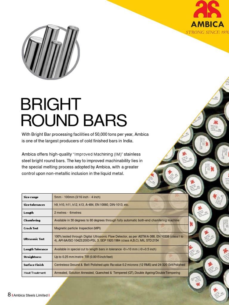 Bright Round Bars: Size Range Size Tolerances Length Chamfering Crack ...