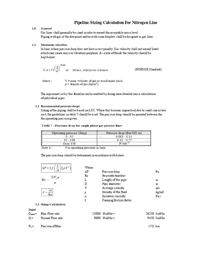 Pipeline Sizing Calculation For Nitrogen Line: 1.0 G Eneral | PDF ...