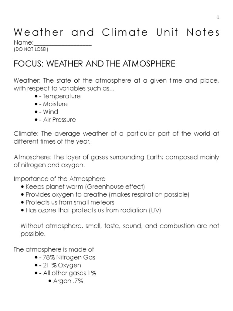Atmosphere and Weather Unit Notes | PDF | Atmosphere | Atmosphere Of Earth