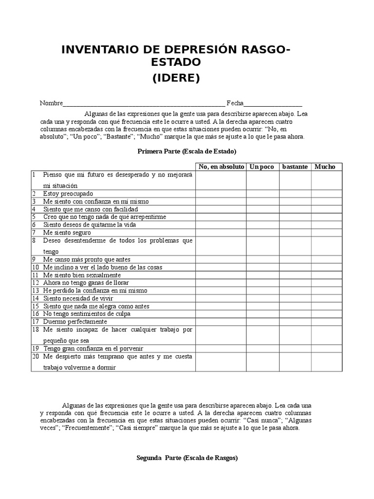 Inventario de Depresión IDERE | PDF | Depresión (estado de ánimo ...