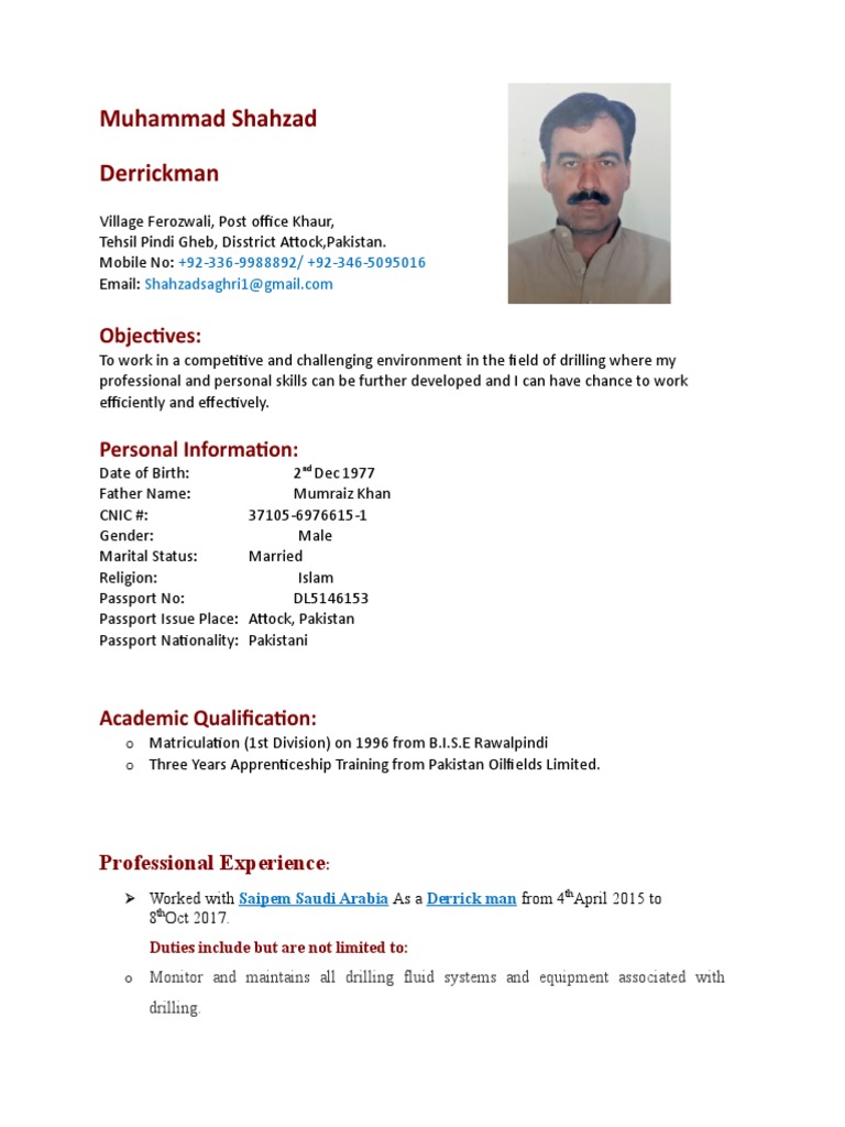 Muhammad Shahzad CV For Derrickman | PDF | Drilling Rig | Nature