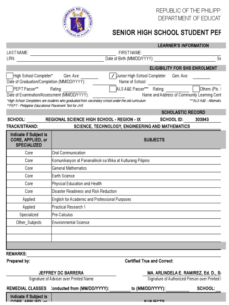Form 137 Template | PDF | Curriculum | Physical Education