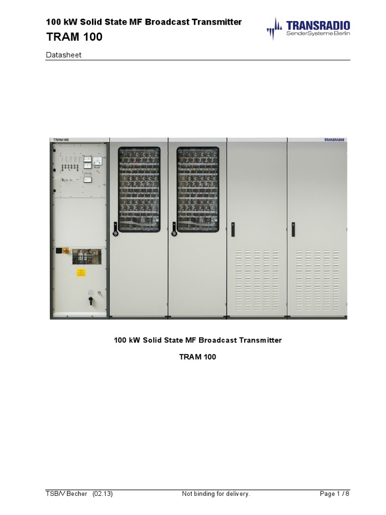 100 kW Solid State MF Transmitter Datasheet | PDF | Amplifier | Modulation