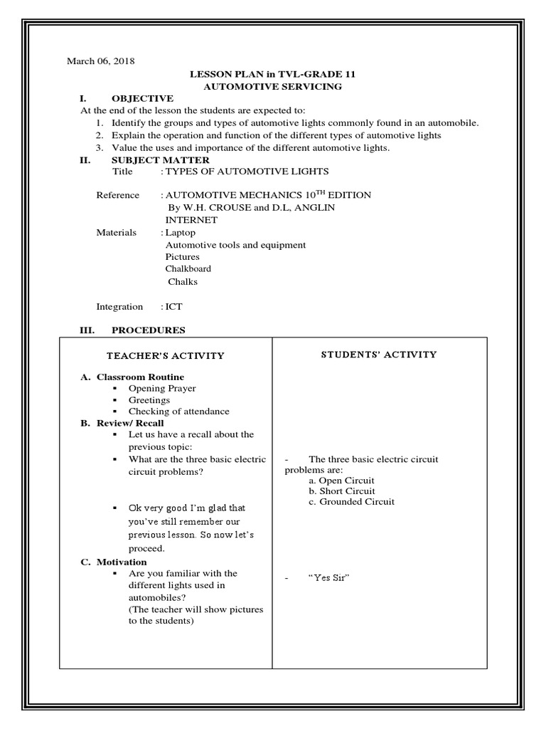 Lesson Plan in Tvl-Grade 11 Automotive Servicing I. Objective | PDF ...