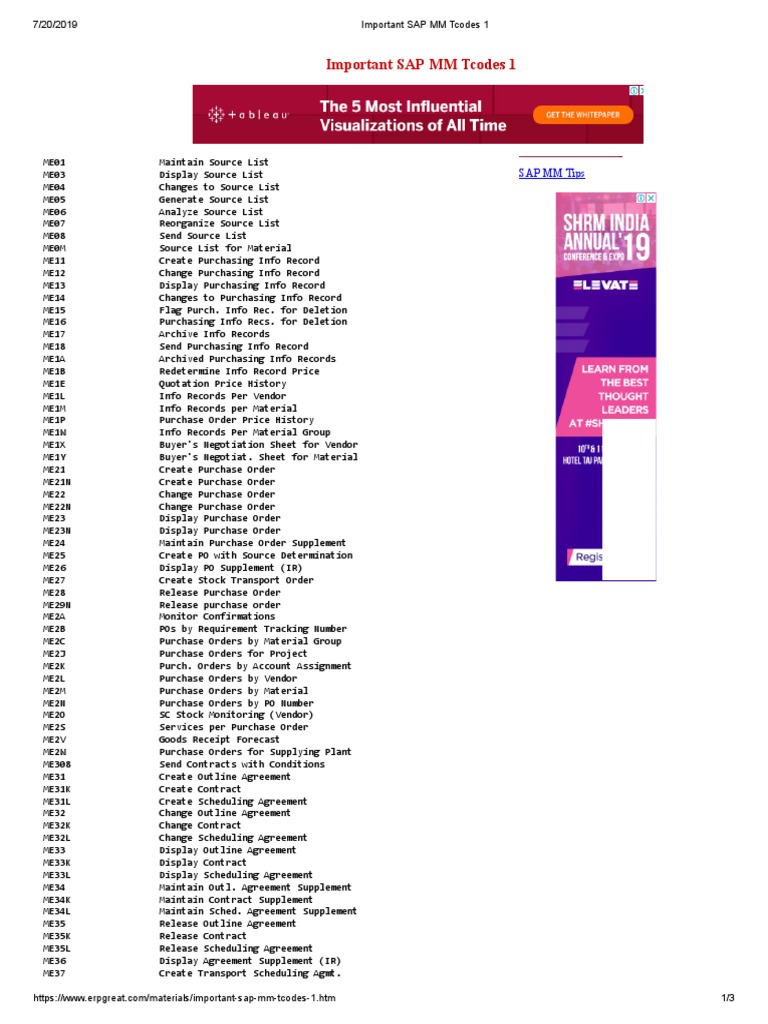 Essential SAP MM Transaction Codes | PDF | Business | Economies