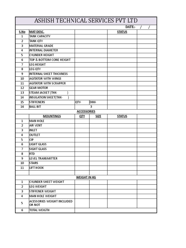 Ashish Technical Services PVT LTD: Date:-/ / S.No Mat-Desc. Status | PDF