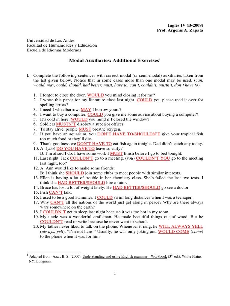 Modal Auxiliaries Additional Exercises Answers | PDF