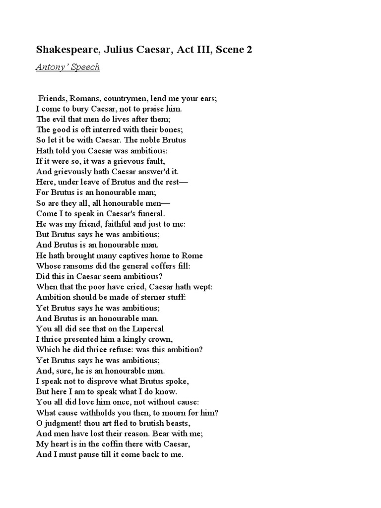 Shakespeare, Julius Caesar, Act III, Scene 2: Antony' Speech | PDF