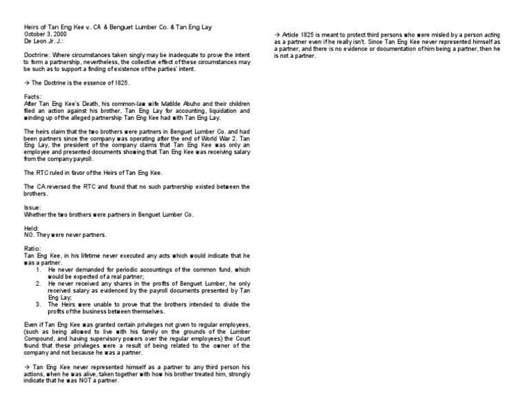 Heirs of Tan Eng Kee - Partnership | PDF | Public Law | Virtue