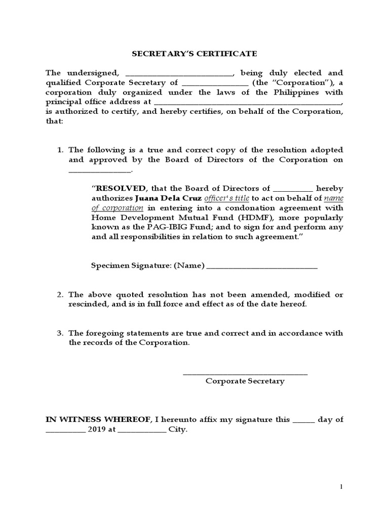 Secretary's Certificate - Condonation Agreement