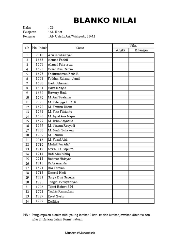 Contoh Blanko Nilai | PDF