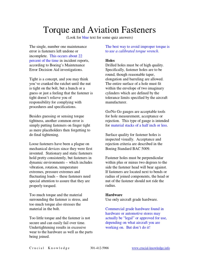 Torque and Aviation Fasteners | PDF | Nut (Hardware) | Screw