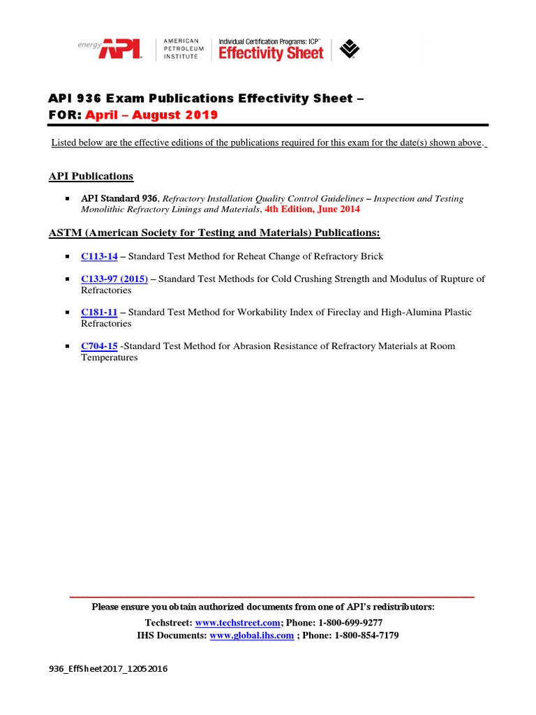 April - August 2019: API 936 Exam Publications Effectivity Sheet - For | PDF