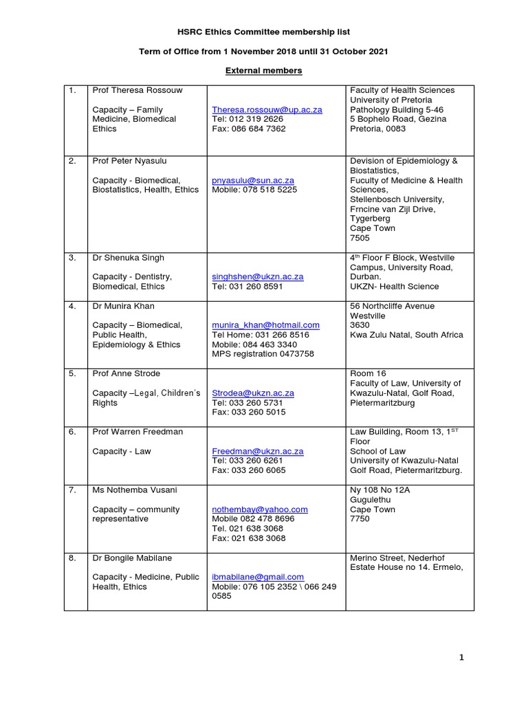 HSRC Ethics Committee Members List | PDF | Medicine | Health Care