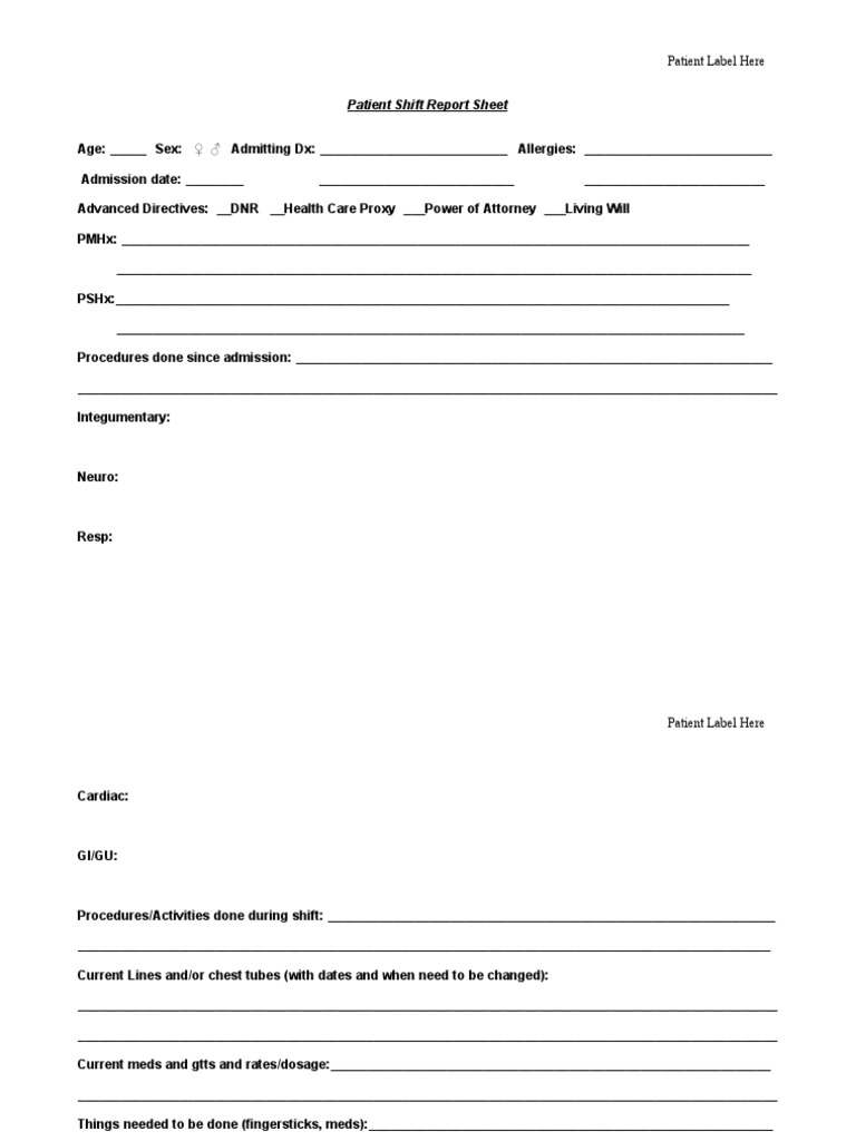 Patient Shift Report Sheet | PDF | Business
