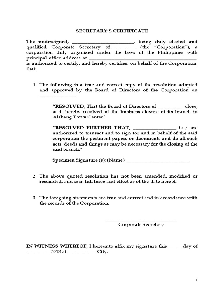 Secretary's Certificate - Business Closure | PDF