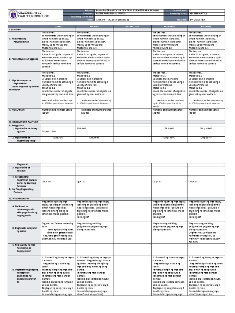 Elementary Mathematics Lesson Plan on Whole Numbers up to 100, Ordinal ...