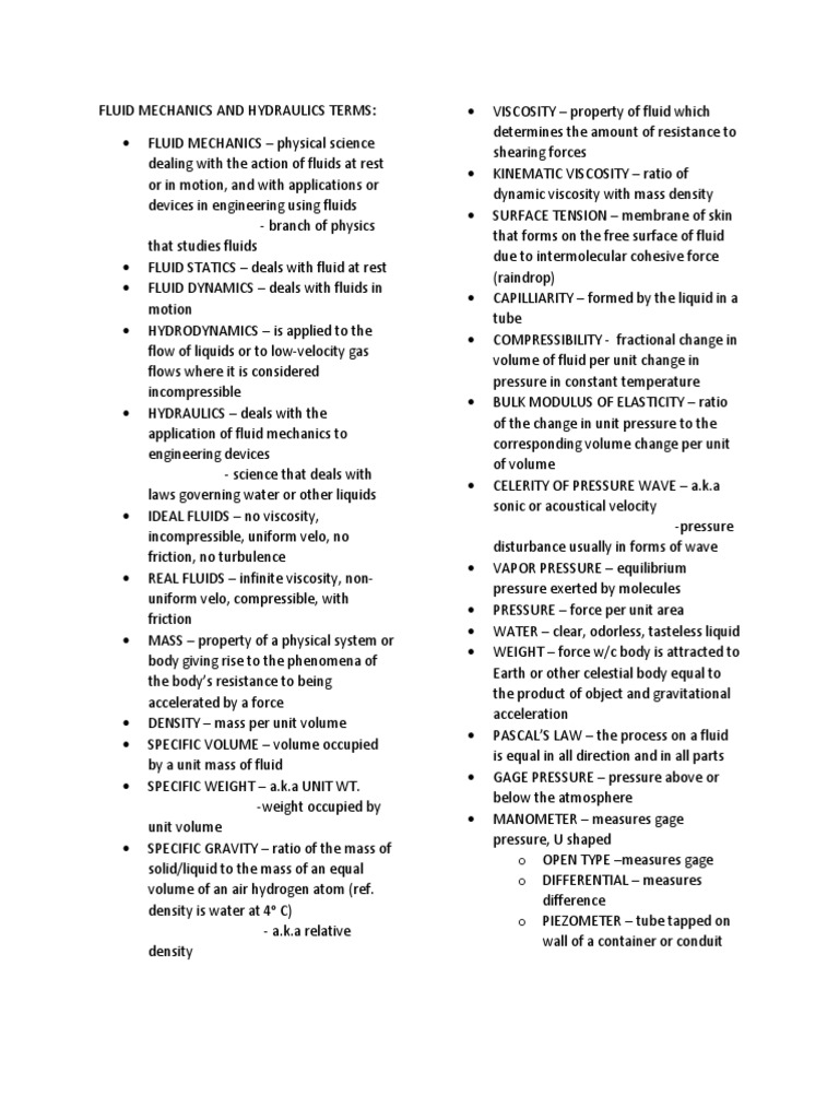 Fluid Mechanics Formulas Overview | PDF | Fluid Dynamics | Viscosity